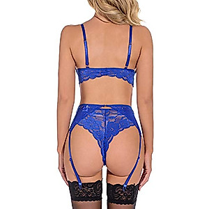 wodceeke Sexy Sling Lace Split Plus Size Lingerie For Women perspective Hollow Embroidered Pajamas Shapewear With Garter (Blue, M)