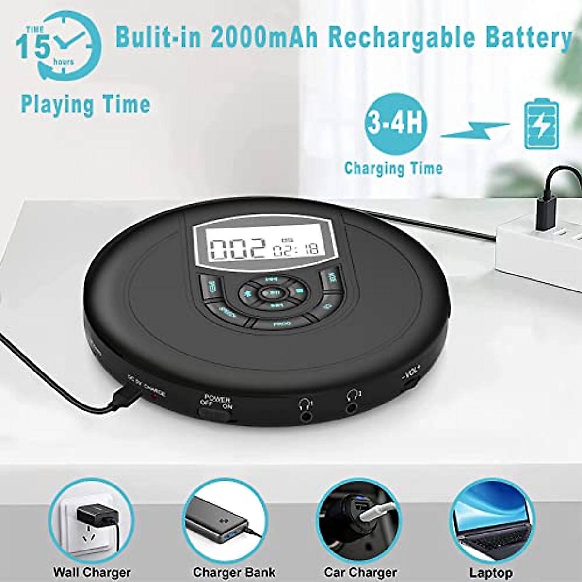 CD Player Portable, Portable CD Player with Built-in Speakers, Rechargeable CD Player for Car and Personal Use, Walkman CD Player with Headphones