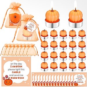 MTLEE 48 Sets Baby Shower Favors Include 48 Succulent Pumpkin Shaped Candles Fall Mini Plants Tea Lights Candles with 48 Invitations Cards and 48 Organza Bags for Baby Gender Reveal Guests(Pumpkin)