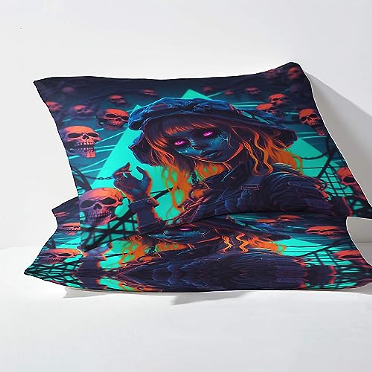 Halloween Sheets Full Size, Witch Skull Bed Sheets, Patterned Bedding Sheets & Pillowcases 4 Piece Set - Soft Microfiber Deep Pocket Fitted Sheet & Flat Sheet & 2 Pillow Cases L6-&-205