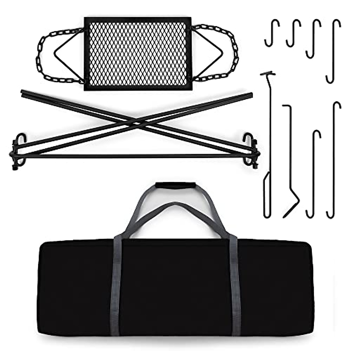 Bruntmor Grill Swing Campfire Cooking Stand BBQ Grill for Cookware & Dutch Oven Adjustable Collapsible Legs with Hooks & Accessories & Carrying Case Black
