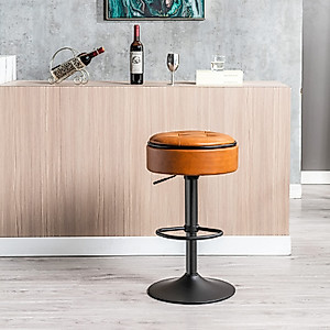 Round Storage Bar Stool Set of 2,Faux Leather Height Adjustable Barstool, 360°Counter Height Swivel Stool, Armless Bar Chair with Metal Frame for Kitchen Counter Dining Living Room Whiskey Brown