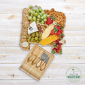 Bamboo Cheese Board and 4 Knives Set - Charcuterie Board with Knives, 13” Large Charcuterie Platter and Serving Tray, Housewarming Gift, and Wedding Gift