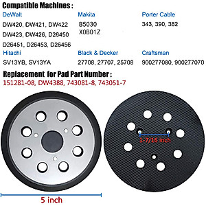 5 Inch 8 Hole Hook and Loop Sander Pad with Metal Backing - Compatible with Porter Cable 343 382, Replaces for DeWalt OE # 151281-08 Fits DW423 DW4388 D26451 D26453