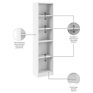 Bush Furniture Universal 17W Narrow 5 Shelf Bookcase in White, Tall Skinny Bookshelf for Home Office Storage or Living Room Organization