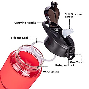 Justfwater 32 oz Borosilicate Glass Water Bottle with Straw Reusable Glass Drinking Bottle with Flip Top Lid and Silicone Sleeve (Red)