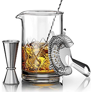 MOFADO Crystal Cocktail Mixing Glass Set - 4 Piece - 18oz 550ml - Thick and Sturdy Bottom, Durable Crystal Mixing Glass, Spoon, Jigger, Strainer - Beautiful Gift