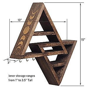 FM Moon Phase Triangle Shelf with Hooks - Moon Shelf for Crystal Display - Jewelry Hanger Key Holder - Aesthetic Room - Boho Moon Decor - Farmhouse Wall Decor (Small, Dark Brown)