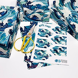 CENTRAL 23 Blue Wrapping Paper - 6 Sheets of Birthday Gift Wrap - Japanese Great Wave Inspired - Ocean Themed - For Kids Men Women - Recyclable