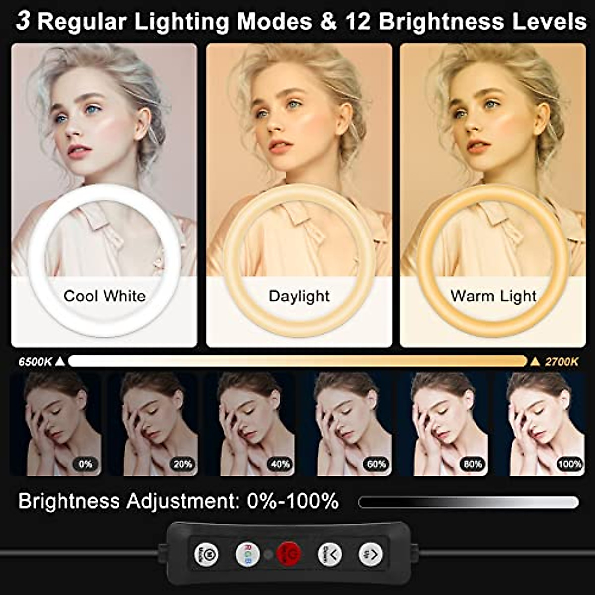 10.2" Selfie Ring Light with Stand and Phone Holder, Desk Tripod, 29 RGB Lighting Modes, Remote for iPhone &Android Camera. LED Halo Light for Photo, Video Recording, TikTok. Circle Ringlight Dimmable