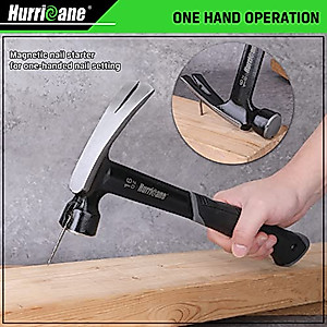 HURRICANE 16oz Framing Hammer, Straight Claw Hammer Forged and Heated Treated Carbon Steel with Magnetic Nail Holder, Ergonomic Non-slip Handle