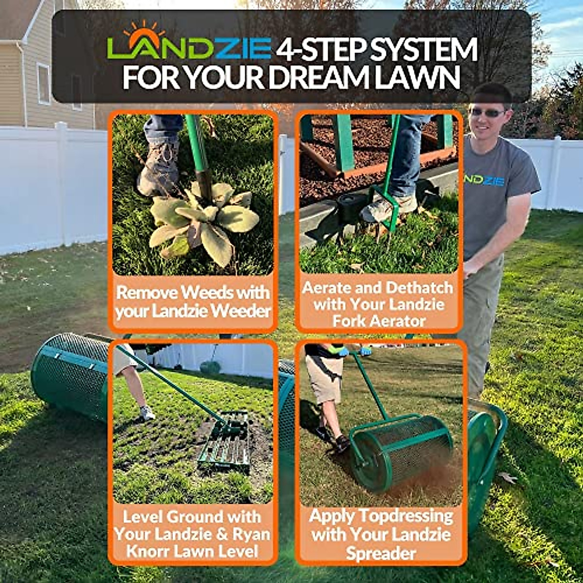 Landzie and Ryan Knorr Lawn Care 36 Inch Wide 72 Inch Handle Powder Coated Yard, Lawn, and Garden Leveler Rake with Powder Coated Finish