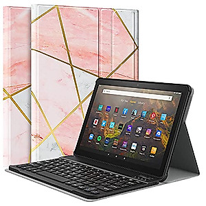 MoKo Keyboard Case Fits All-New Kindle Fire HD 10 & 10 Plus Tablet (11th Generation, 2021 Release) 10.1",PU Tablet Cover Shell Case with Removable Wireless Bluetooth Keyboard, Marble Pink