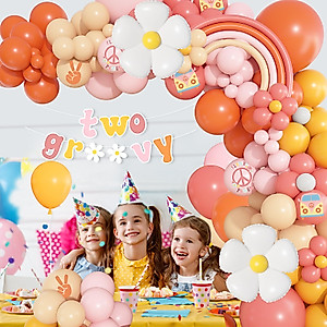 Ouddy Life 183Pcs Groovy Balloons Arch Garland Kit, Two Groovy Party Decorations Girl with Banner & Daisy Flowers Peace Victory Bus for Retro Hippie Groovy One Birthday Boho Baby Shower Favors