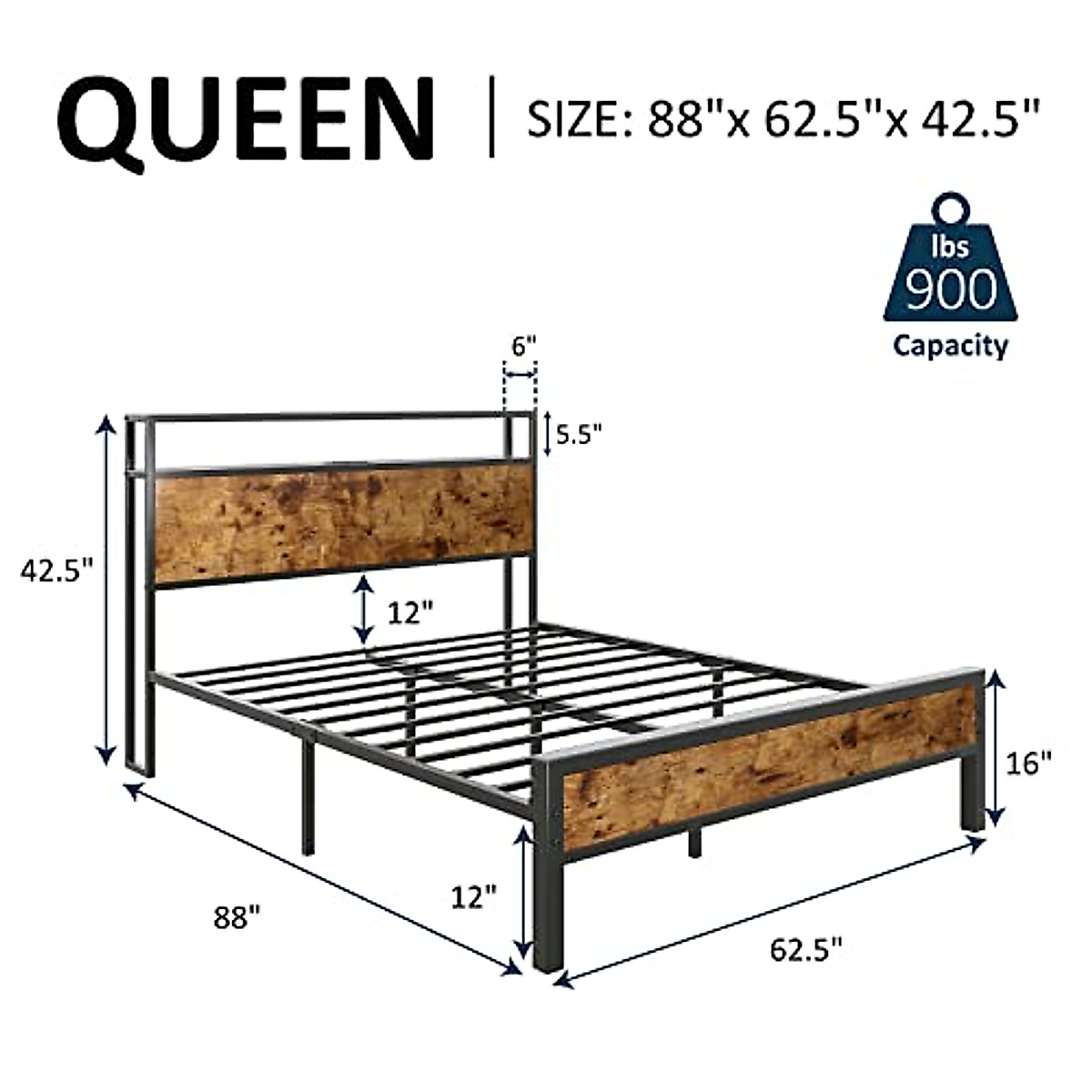 AMERLIFE Queen Size Bed Frame Industrial Platform Bed with Charging Station, 2-Tier Storage Headboard/No Box Spring Needed/Noise-Free/Dark Brown
