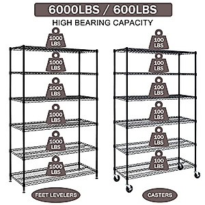 XXkseh 6000Lbs Capacity Storage Shelves Heavy Duty Shelving Unit 6 Tier Metal Shelving NSF Certified with Wheels and Adjustable Feets Commercial Grade Utility Shelf, 48"x 18"x 76" Wire Rack, Black