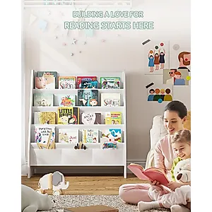 SEIRIONE Sturdy Kids Bookshelf, Book Shelf for Kids Room with Tear-Proof Oxford Sling, Eco-Safe Toddler Bookshelf, Childrens Bookshelf with Ideal Height for Quick Book Access, White/Wood Texture