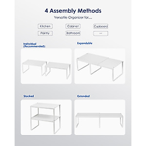 Nxconsu 2Pack Cabinet Shelf Expandable Stackable Organizer Riser for Kitchen Cabinet Pantry Cupboard Under Sink Countertop Organization Accessories Storage Space Saver Multi-Function Metal White