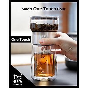 ZENS Modern Small Glass Tea Infuser Teapot, 3-in-1 Smart One Touch Tea Maker for Loose Leaf Tea Steeper, Solo Simple Tea Strainer with 9oz Double Walled Tea Cup for Hot Black, White Tea Diffuser.