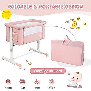 BABY JOY Bassinet Bedside Sleeper, 3 in 1 Folding Crib w/Adjustable Height, Mattress, Lockable Wheels, Storage Pocket & Carry Bag for Infant Newborn, Stationary & Rock, Portable Baby Bassinet (Pink)