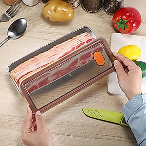 JUXYES Bacon Storage Container for Refrigerator, Stainless Steel Bacon Storage Box for Fridge with Transparent Lid, Airtight Bacon Storage Keeper, Deli Meat Saver Cuts Food Storage Organizer
