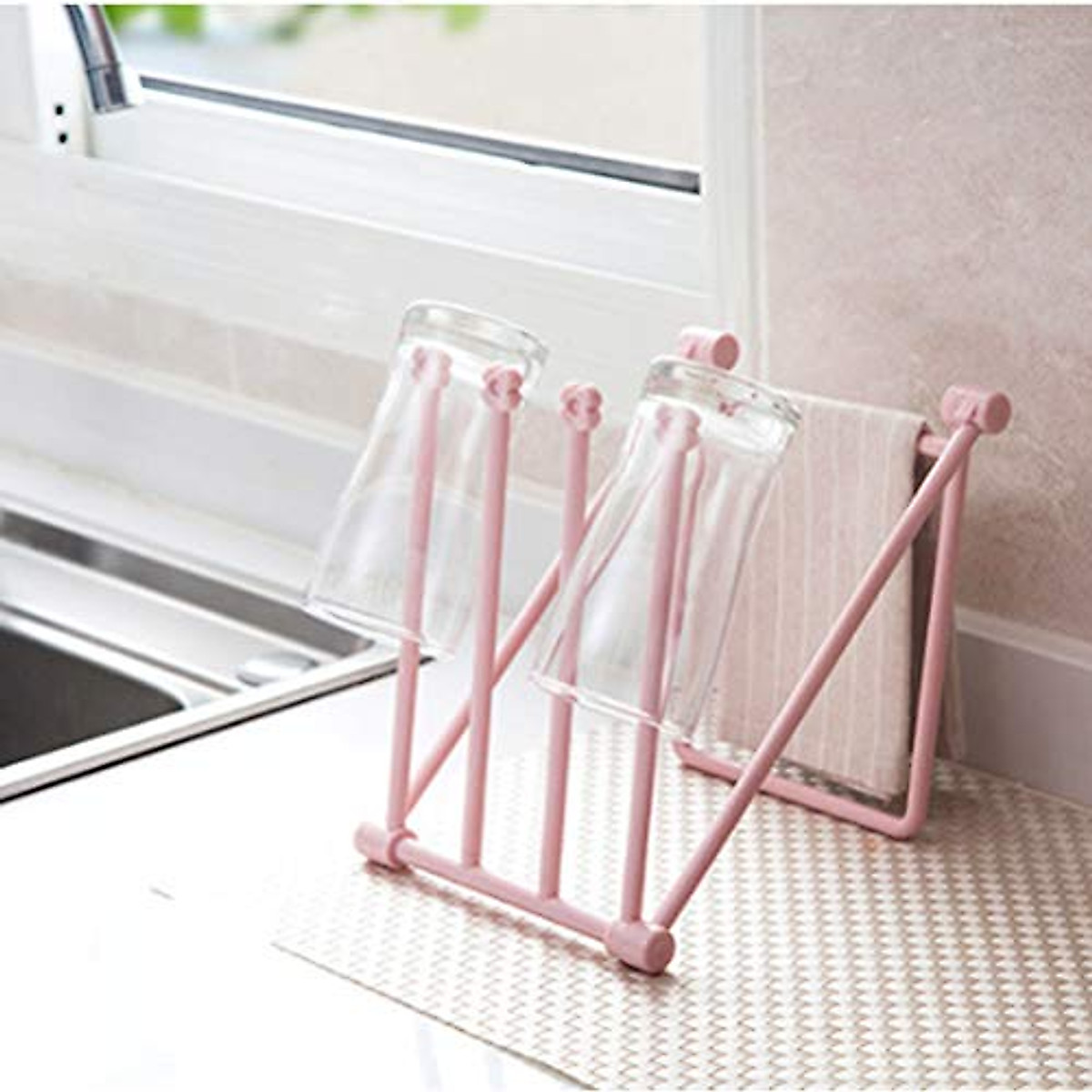 TOPBATHY Foldable Towel Rack Stand Kitchen Towel Stand Countertop Cloth Rack for Kitchen Bathroom Home (Light Pink)