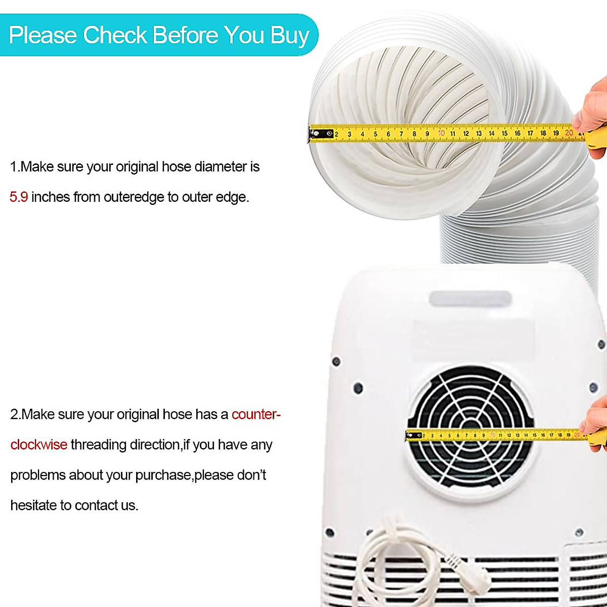 BEWAVE Portable Air Conditioner Hose, Portable Exhaust Vent Hose with 5.9 Inch Diameter, Universal Replacement AC Vent Hose Length up to 59"