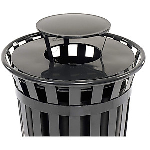 Global Industrial 36 Gallon Outdoor Metal Slatted Trash Receptacle with Rain Bonnet Lid, Black