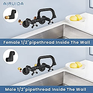 Airuida Matte Black Wall Mount Kitchen Faucet, 6 Inch(15cm) Spout Wall Mount Laundry Sink Faucet, Adjustable Center Double Handles Hot and Cold Water Mixer Tap 360 Rotatable Restaurant Faucet