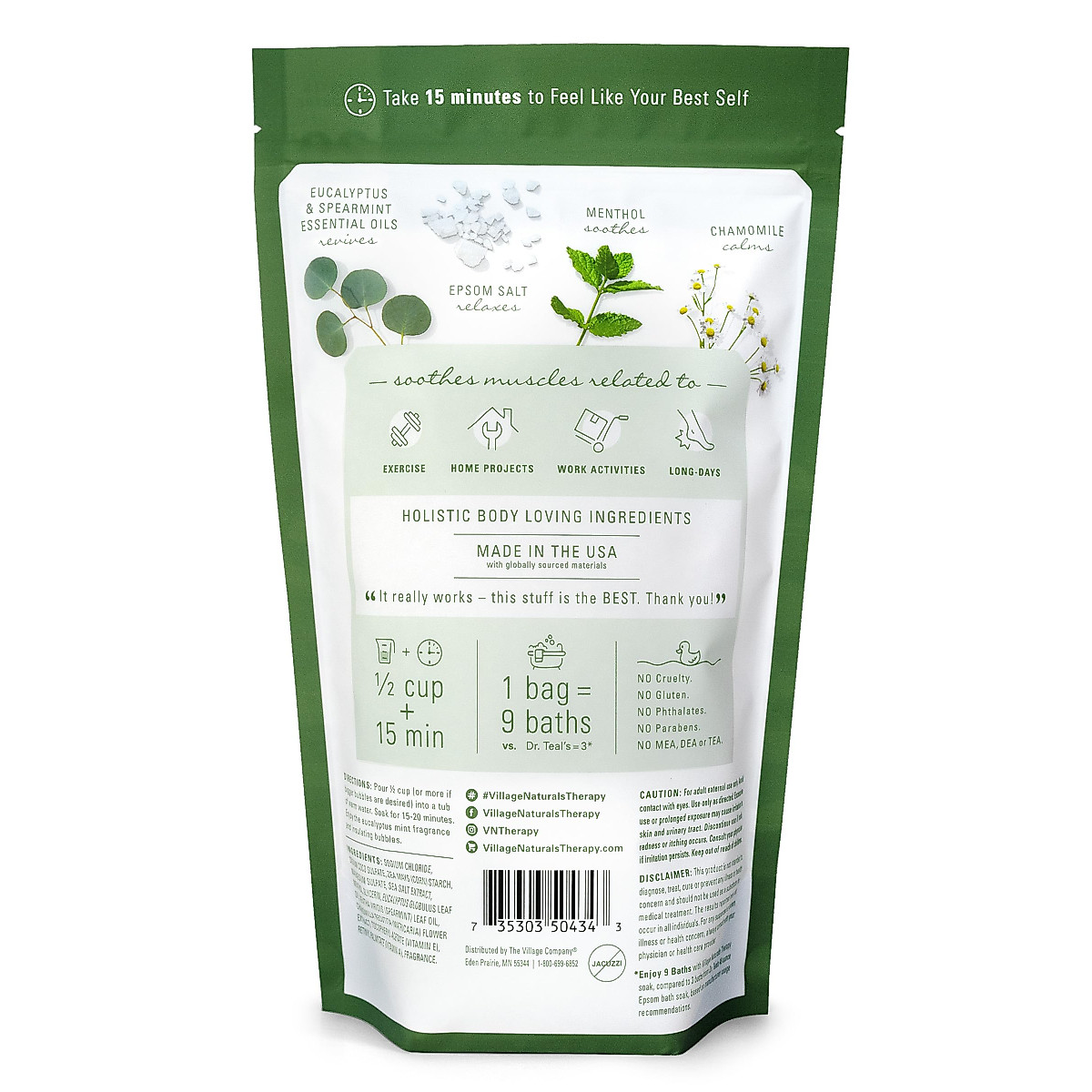 Village Naturals Therapy Muscle Foaming Epsom Soak, Eucalyptus Mint Scent, 36 oz, Pack of 2