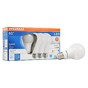 SYLVANIA Ultra LED A19 Light Bulb, 60W Equivalent, Efficient 9W, 13 Year, 800 Lumens, Dimmable, Clear, Medium Base, 5000K, Daylight - 4 Pack (78040)