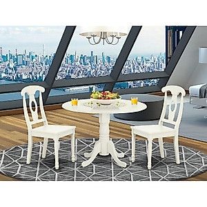 East West Furniture DLKE3-LWH-W 3 Piece Dining Room Table Set Contains a Round Kitchen Table with Dropleaf and 2 Dining Chairs, 42x42 Inch, Linen White