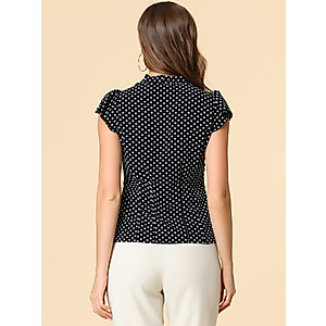 Allegra K Women's Polka Dots Tie Neck Blouse Summer Ruffled Cap Sleeve Office Top Medium Black