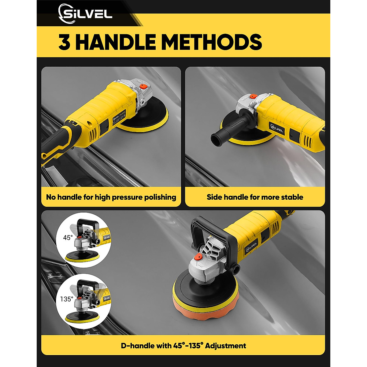 SILVEL Buffer Polisher, 1600W 7 Inch/6 Inch Polisher for Car Detailing, Wax Machine, 7 Variable Speed, with 6 Foam Pads, 3 Wool Pads, Packaging Bag, for Boat Polishing and Waxing