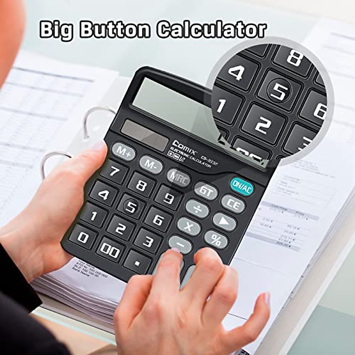 Comix Desktop Calculator 12 Digit with Large LCD Display and Big Button, 12 Digits Baisc Calculator, Solar Battery Dual Powered, for Office Home School C-1832 (Black)