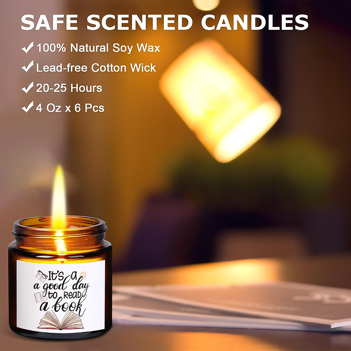 6 Pieces Book Lover Scented Candle 4oz Readers Candle Library Lovers' Day Gifts Soy Wax Jar Candle for Readers Book Lovers Librarian Gifts