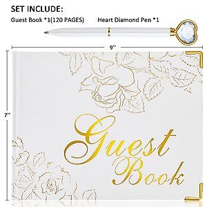 JEWPHX Guest Book with Pen– 9"x7" Hardcover 120 Page/60 Sheets-Gold Foil Gilded Edgesfor Guests to Sign at a Wedding, Party, Baby or Bridal Shower(White)