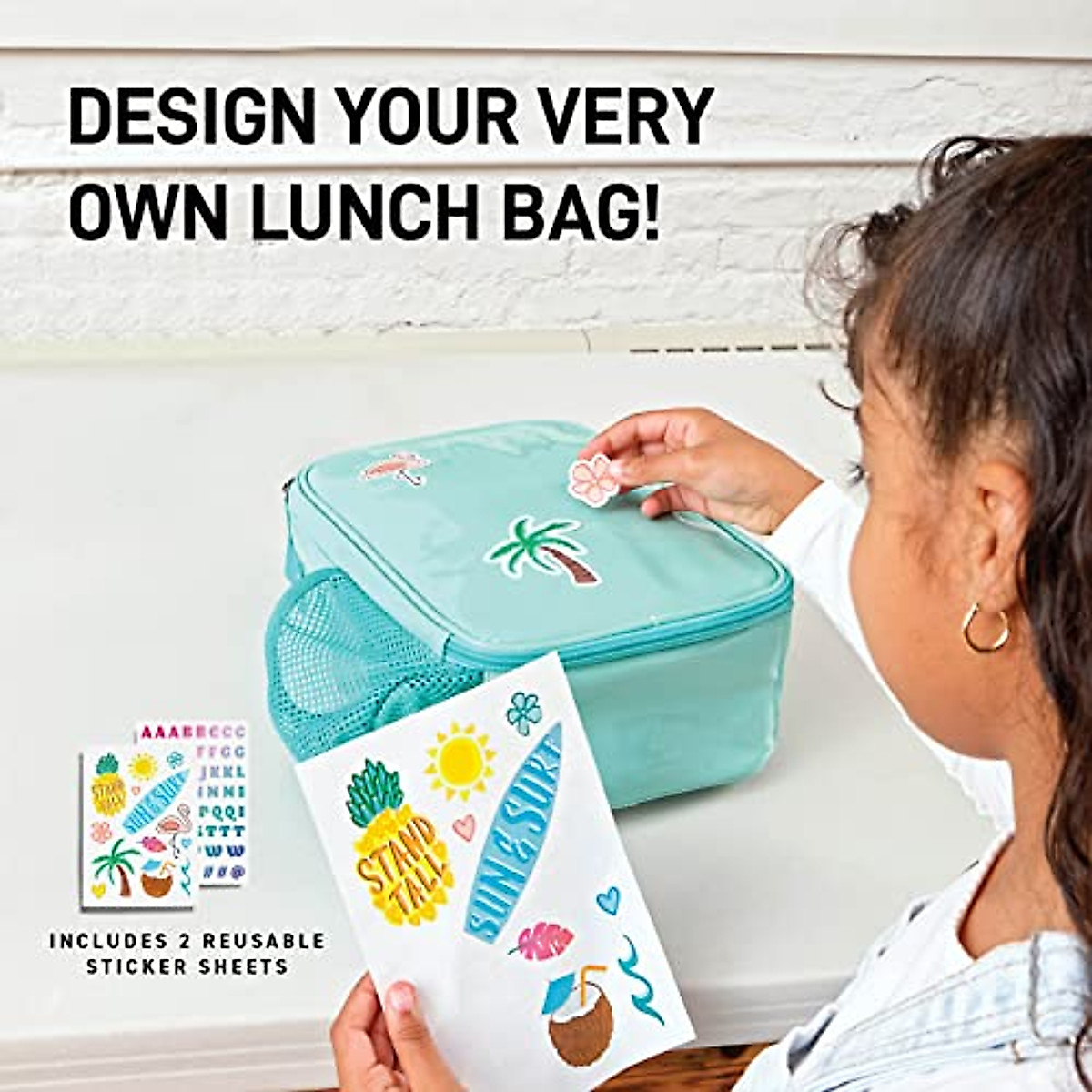 Fit + Fresh DIY Sticker Insulated Lunch Bag, Trendy Kids Lunch Box, Soft Lunch Cooler Bag, Perfect for School, Picnics, Trips & More, Teal