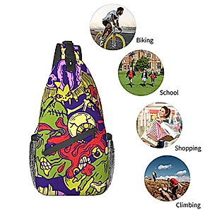 Mens Fashion Gym Bags Anti-Theft Halloween Pattern With Horror Elements Zombie Skull Colorful Crossbody Shoulder Backpack with Zipper, Multipurpose Sling ​Backpack for Cycling Traveling Hiking