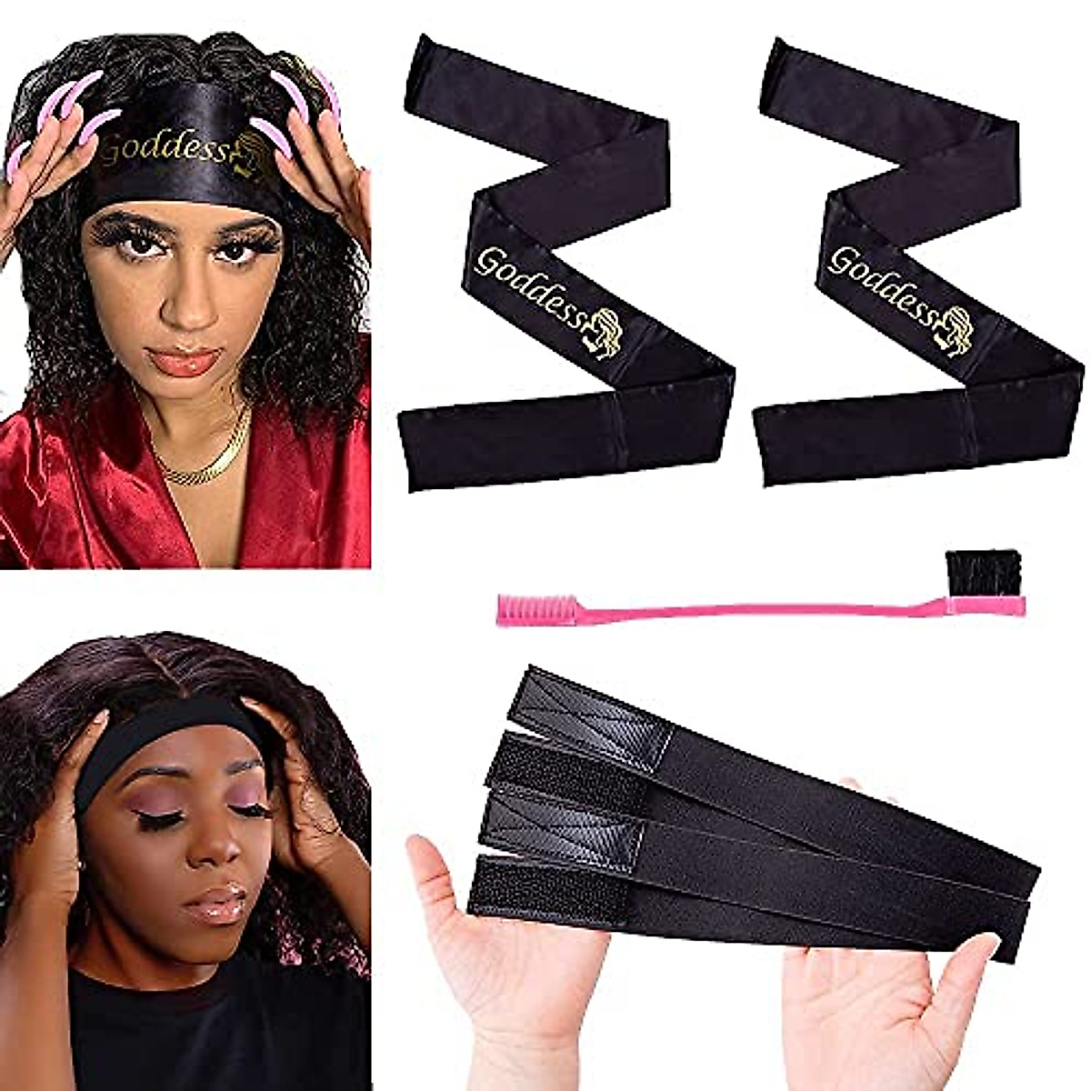 Edge Bands and Hair Wrap Headband for Wigs, Closures & Frontals - Non-Slip Elastic with Brush for Baby Hair