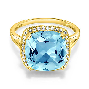 Gem Stone King 10K Yellow Gold Swiss Blue Topaz and White Created Sapphire Ring For Women (8.54 Cttw, Cushion 12MM, Gemstone Birthstone, Available In Size 5, 6, 7, 8, 9)