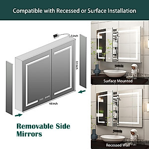 Benime 48×32 Inch Lighted Mirror Medicine Cabinet, Bathroom Wall Cabinet with Defogger, Dimmer, 3 Light Colors, Clock, Room Temp Display, Outlets, USBs, Recessed/Surface Vanity Mirror