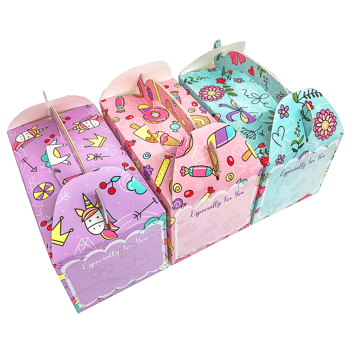 MintieJamie Handle Cardboard Treat Boxes 6.25 X 3.5 X 3.5 Inches, Pack of 12pcs Pastel Color Cute Birthday Boxes, Party Favor Gifting Gable Boxes