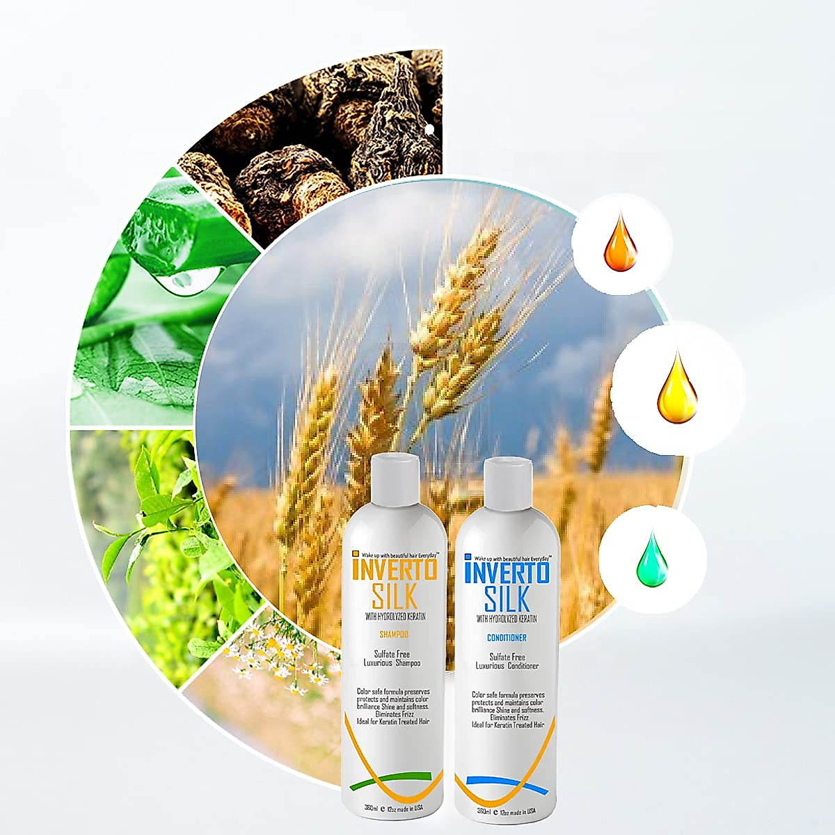 Keratin Shampoo Set For Frizzy Damaged And Color Treated hair INVERTO SILK Luxurious Sulfate Free Shampoo and Conditioner Two Bottles Value Set 2 x 360ml Protect Hair Color Eliminate Frizz