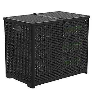 Asking 80L Collapsible 2 Section Divided Clothe Hamper, Plastic Folding Laundry Basket, Black, F