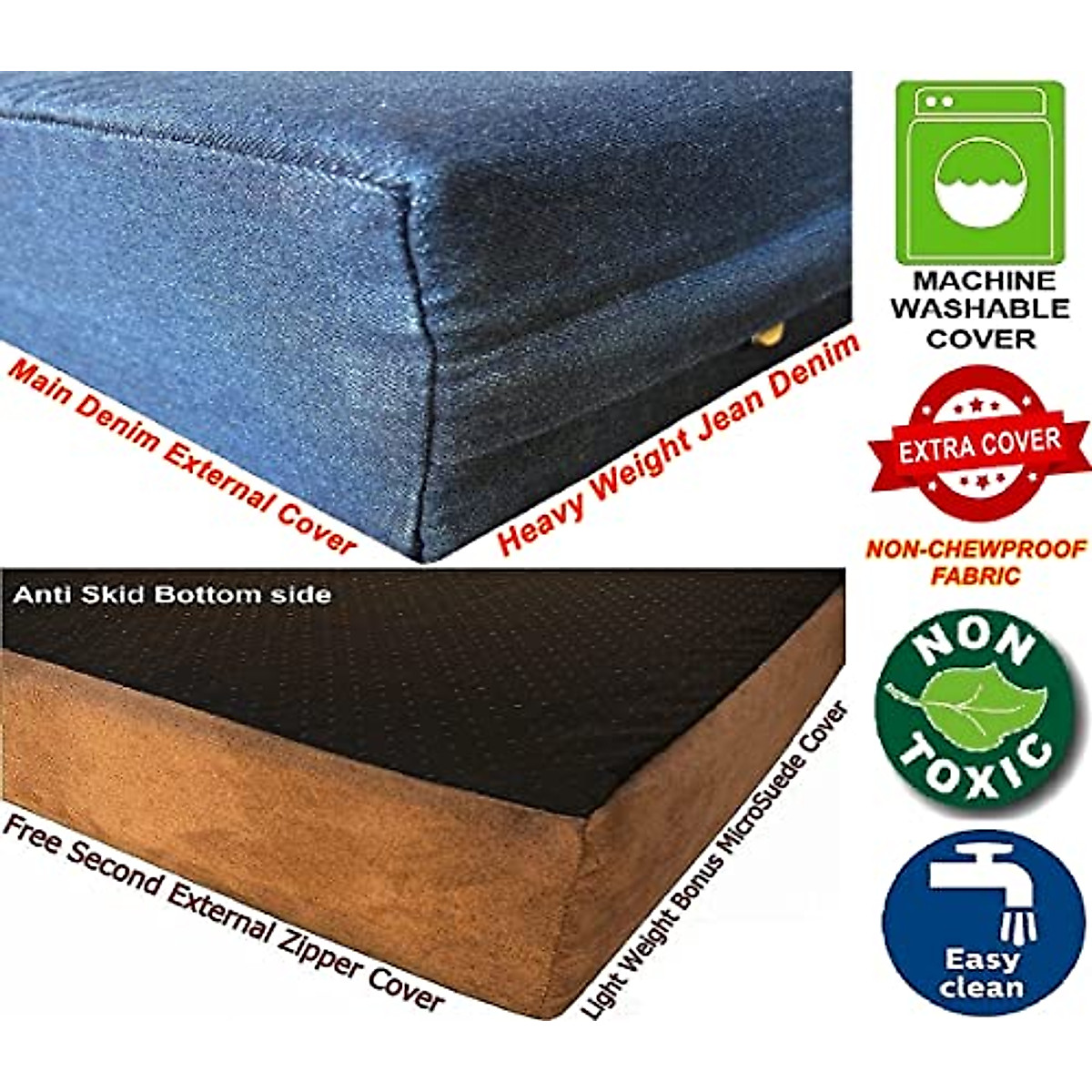 Dogbed4less XL Orthopedic Waterproof Memory Foam Dog Bed with Durable Denim Cover for Large Dogs and Extra Pet Bed Cover, 47X29X4 Fits 48X30 Crate