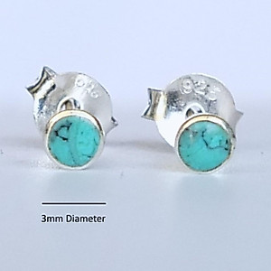 Handmade Turquoise Gemstone Round 3mm Stud Earrings, 925 Sterling Silver, Tiny Circle Studs for Women, Cartilage Earring, Tarnish & Water Resistant, By MiYa Jewelry Creations