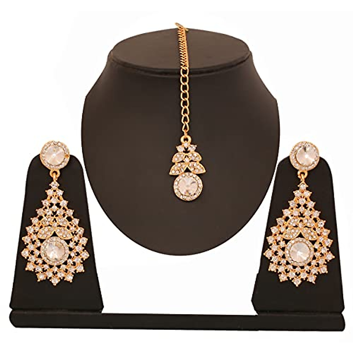 NEW! Touchstone Indian Bollywood Exotic Petals Studded Diamond Look Sparkling Rhinestone Designer Jewelry Chandelier Earrings Mangtika Head Accessory Combo In Gold Tone For Women.
