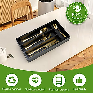 Ayiaren Black Wooden Utensil Tray Best Cutlery Kitchen Drawer Divider Organizer Flatware Tray Wood Cutlery Silverware Drawer Inserts Bamboo Spoon Utensils Storage Organizer