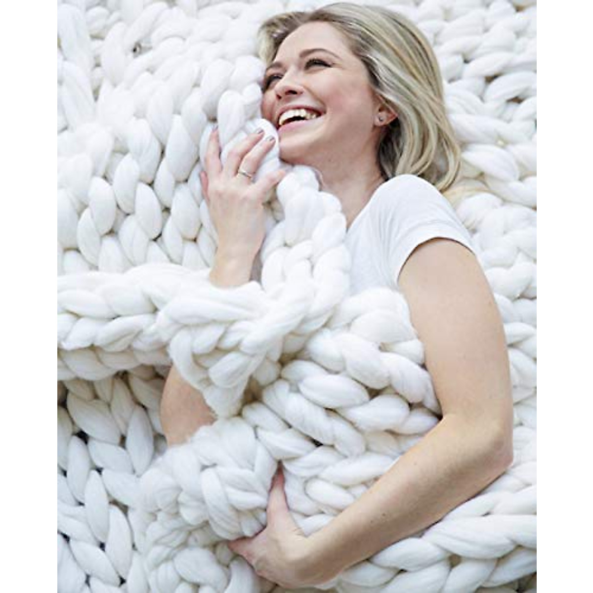 EASTSURE Chunky Knit Blanket Bulky Throw Merino Wool Hand Made Bed Sofa Throw Pet Bed Chair Mat Rug,White,32"x32"